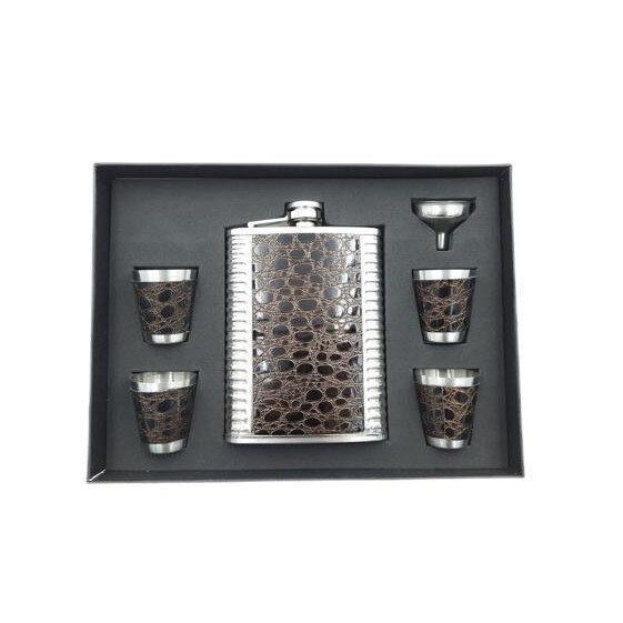 Set plosca, 4 pahare si palnie, Metal, Argintiu/Maro - eMAG.ro