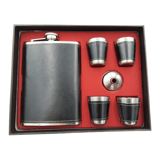 Set plosca, 4 pahare si palnie, Metal, Argintiu/Negru - eMAG.ro