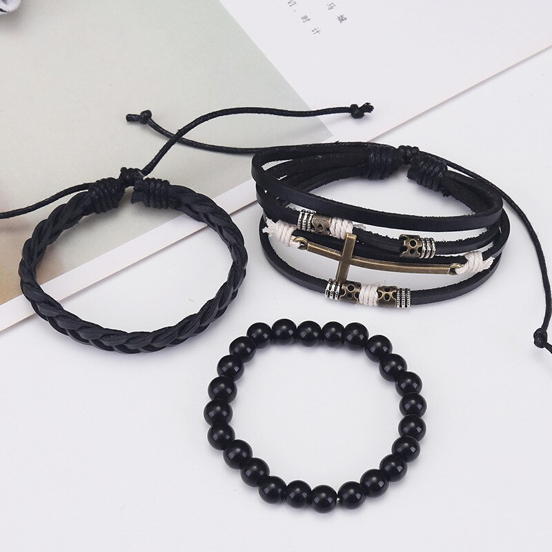 Set 3 bratari barbatesti piele naturala calitativa, NEVERMORE, cu ...