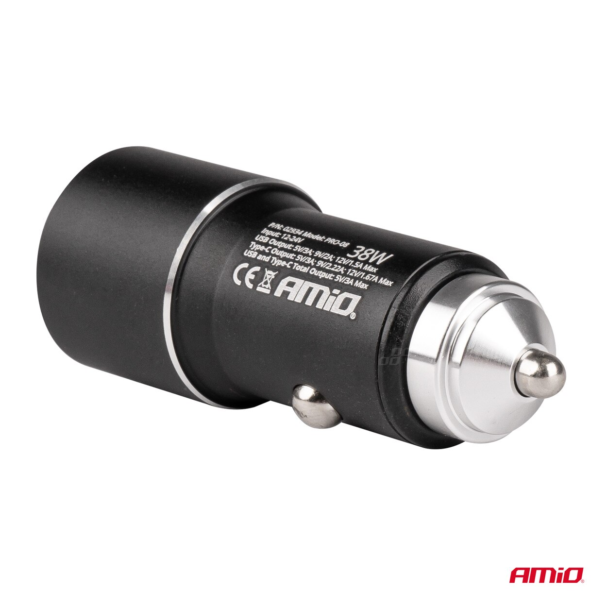 Зарядно за кола алуминиево AMIO, CH PRO-08, USB-C+USB, 38W, 12/24V ...