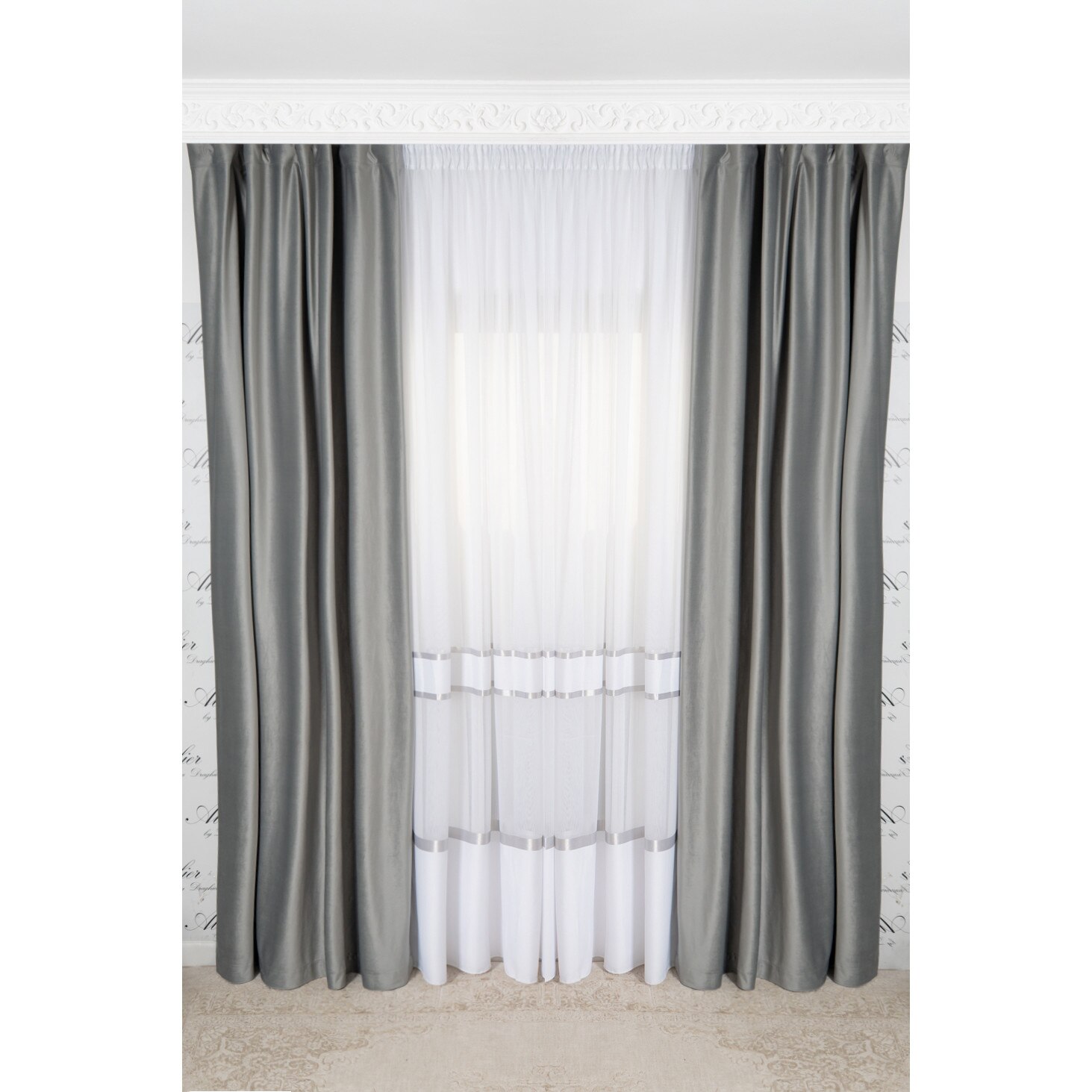 Perdea alba cu model argintiu, DolceSara 021, cu rejansa, 300x250 - eMAG.ro