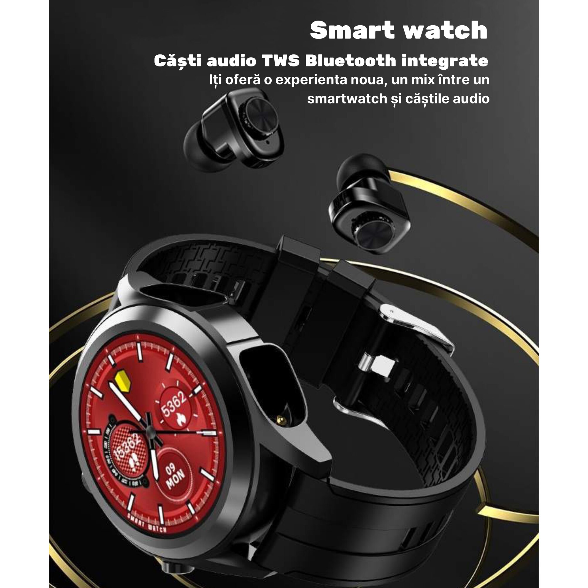Ceas Smartwatch 2 in 1 Unisex, Casti fara fir - wireless TWS, Bluetooth ...