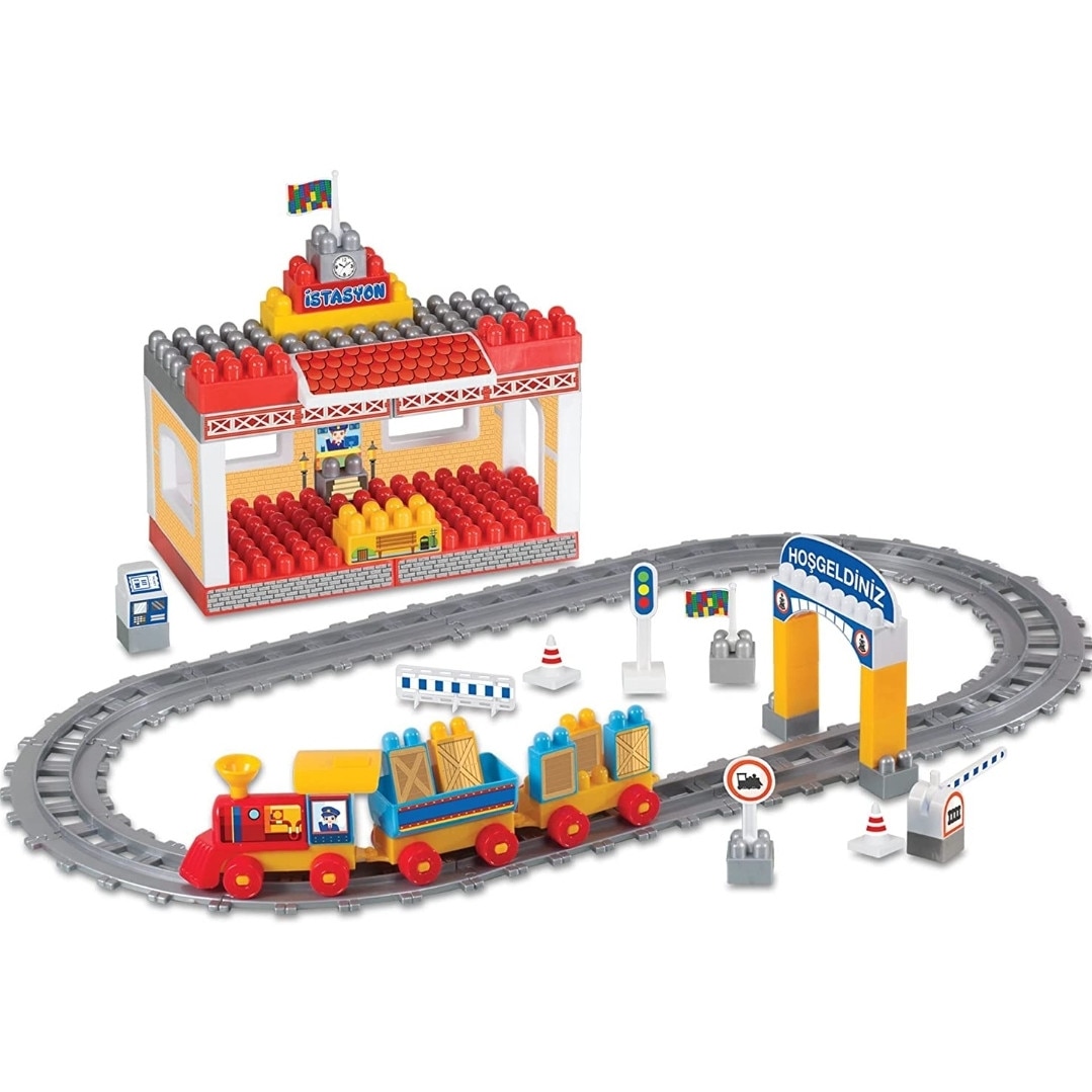 Set 65 Cuburi Constructie Statie De Tren, Include Tren Cu 2 Vagoane ...