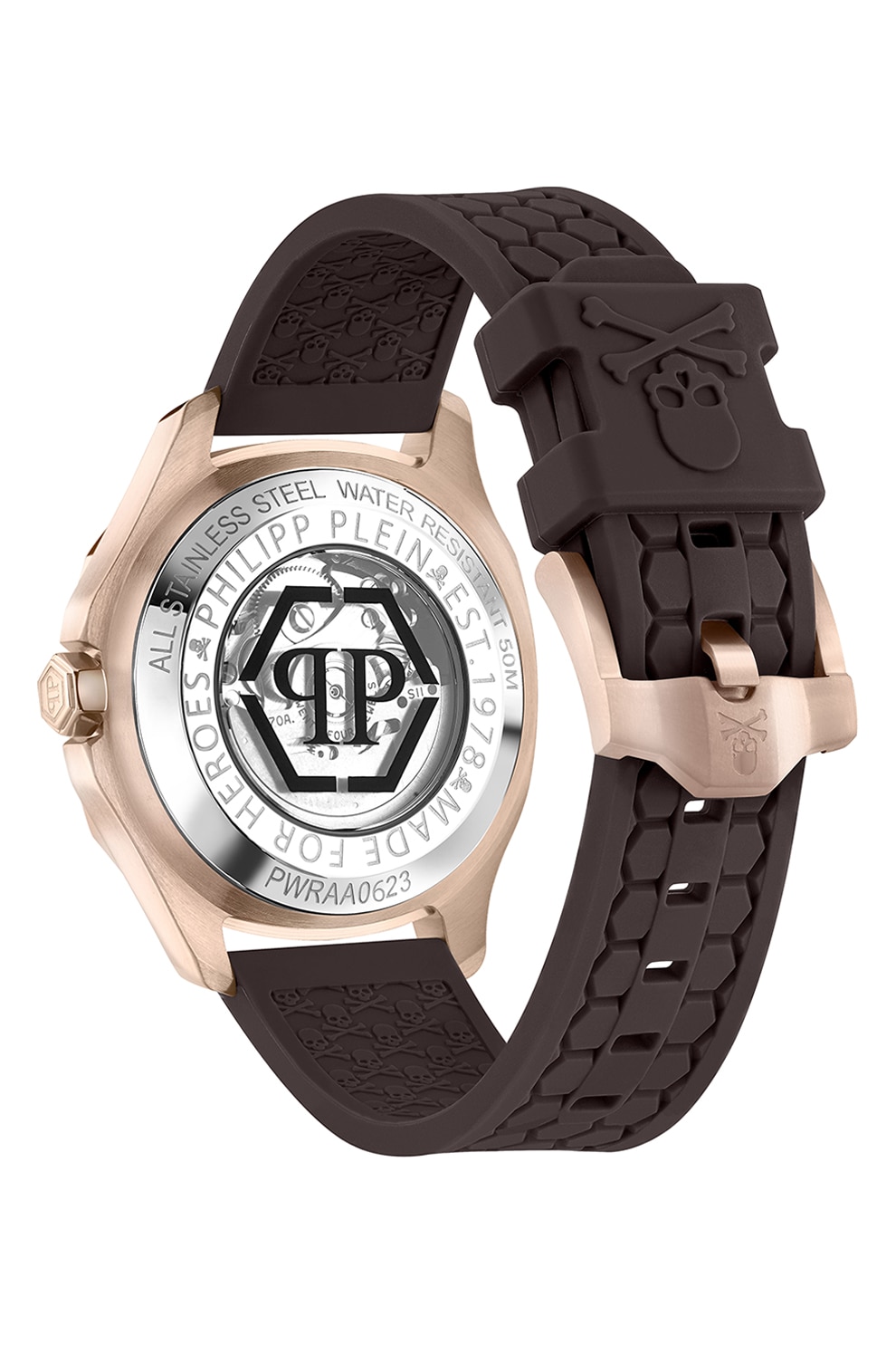 Philipp Plein, Ceas automatic cu o curea de silicon, Auriu, Maro inchis ...