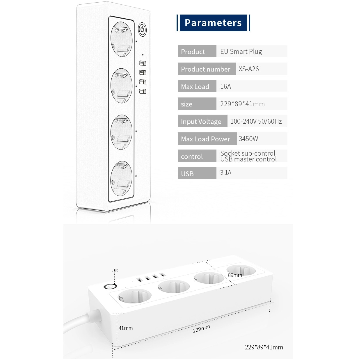 Prelungitor inteligent Rovo A26, Wi-Fi, comutator ON/OFF, 4 prize, 16A ...