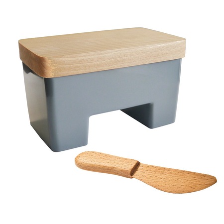 Vas + cutit de unt, Practic, Lemn/Polipropilena, 16.5 x 10 cm, Gri ...