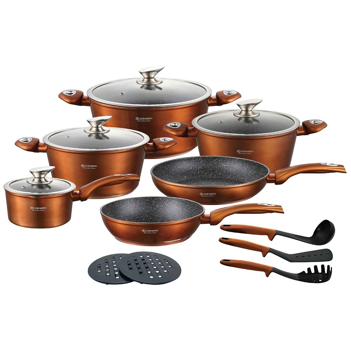 Set de oale si tigai, EDENBERG, Aluminiu/Granit, 15 elemente, Cupru ...