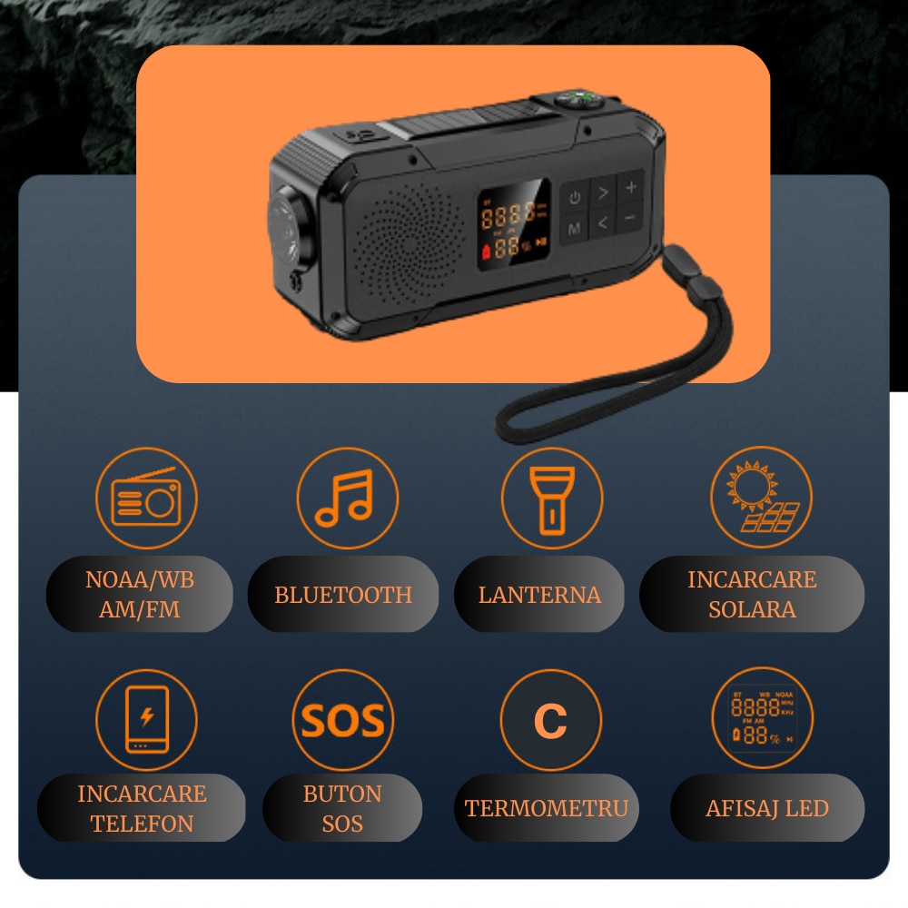 Radio portabil multifunctional AM-FM, ZEEVOS, cu incarcare solara si ...