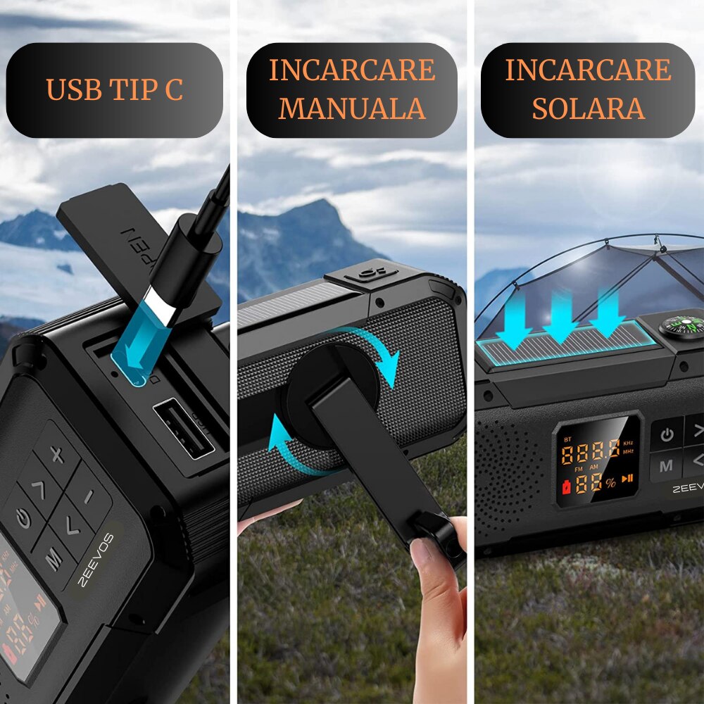 Radio portabil multifunctional AM-FM, ZEEVOS, cu incarcare solara si ...