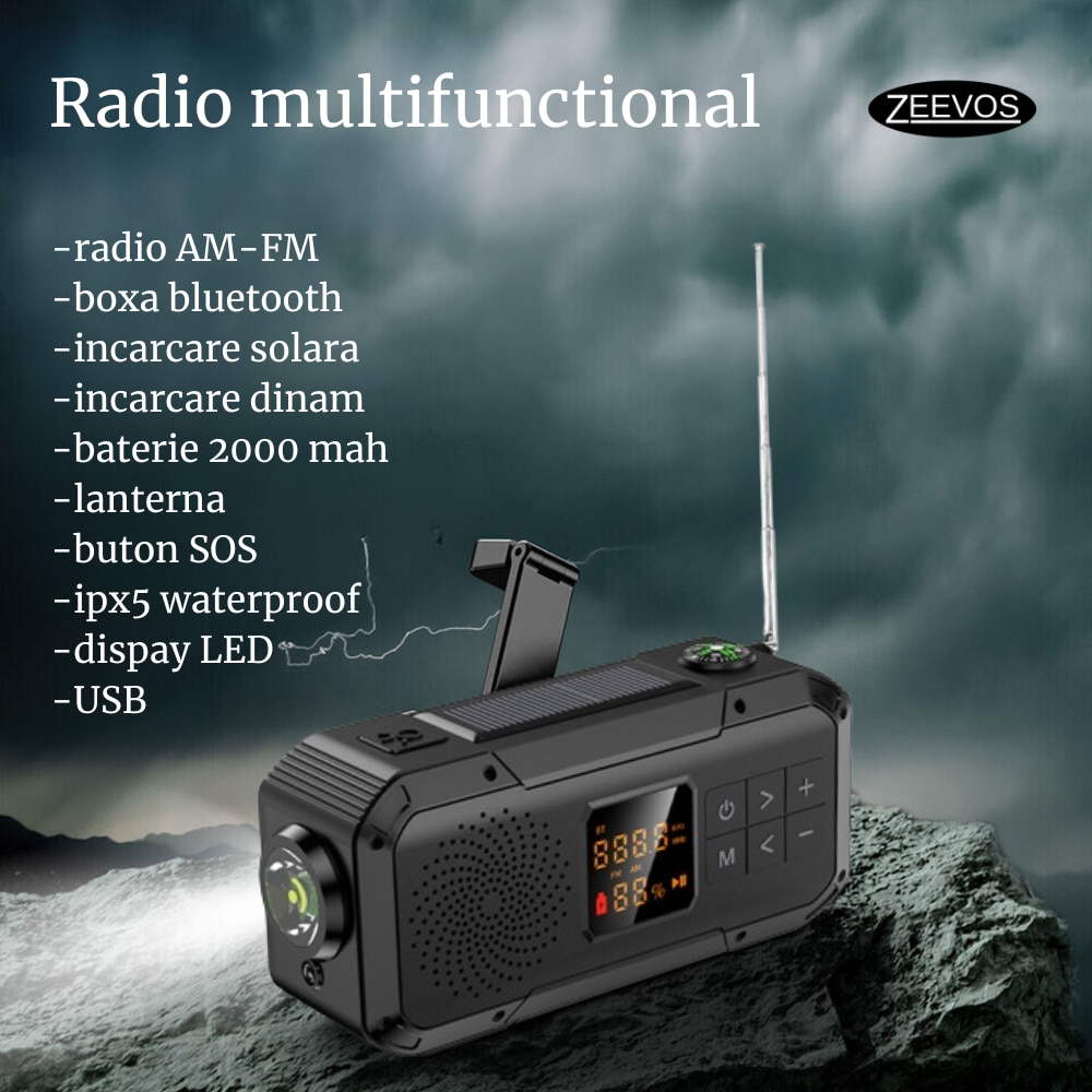 Radio portabil multifunctional AM-FM, cu incarcare solara si manuala ...