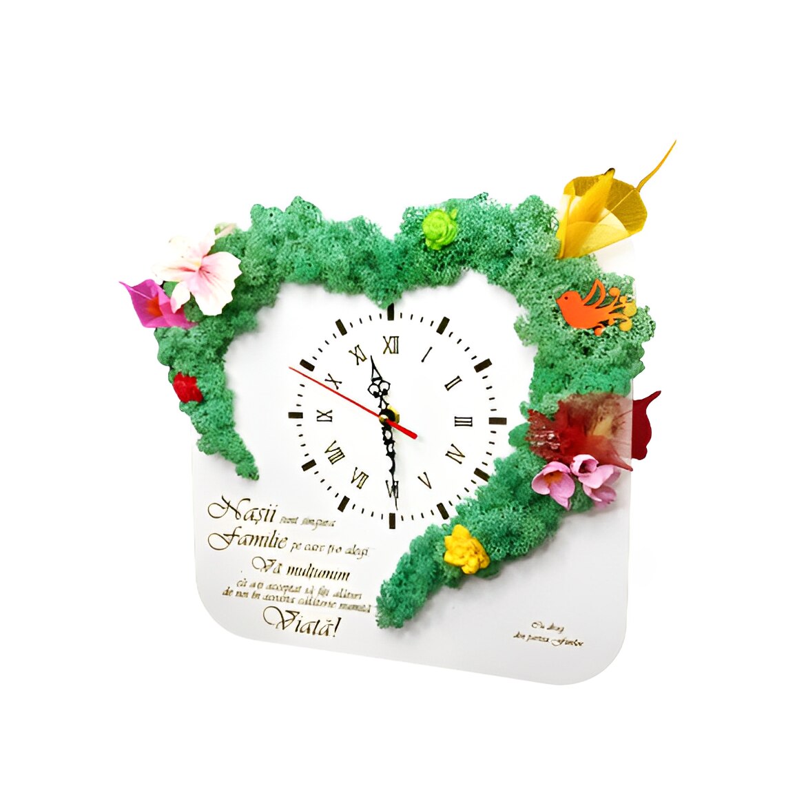 Ceas Inima cu licheni stabilizati si flori decorative, Turcoaz ...