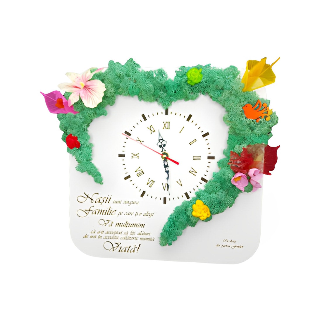 Ceas Inima cu licheni stabilizati si flori decorative, Turcoaz ...