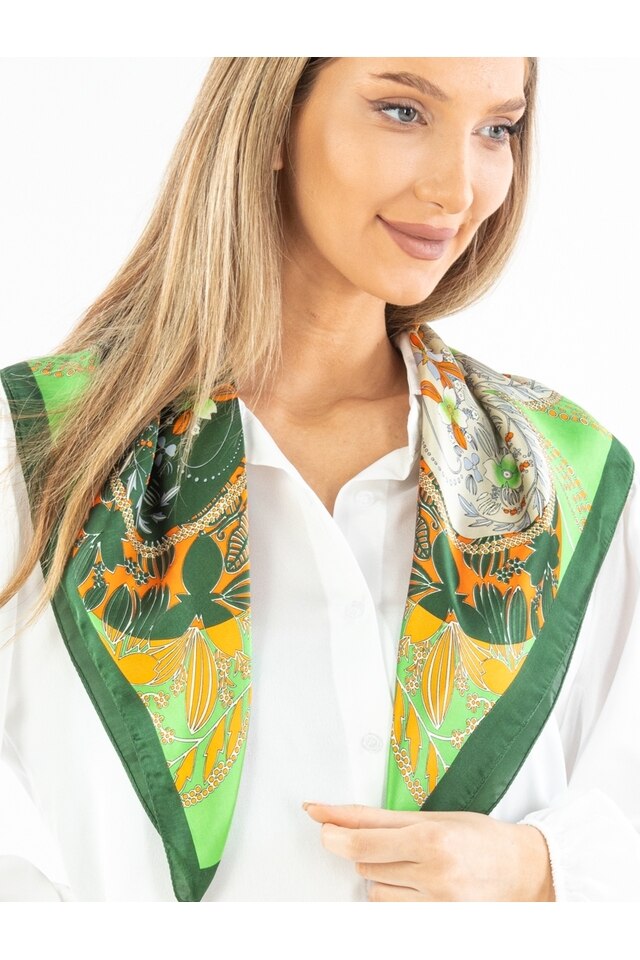 Esarfa Dama ExoticFlower Verde cu Portocaliu, marime universala - eMAG.ro
