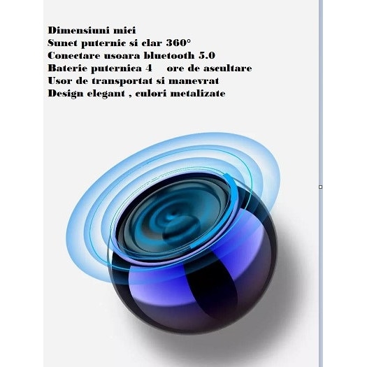 Boxa portabila mini cu conectare Bluetooth, sunet 360, autonomie 4 ore ...