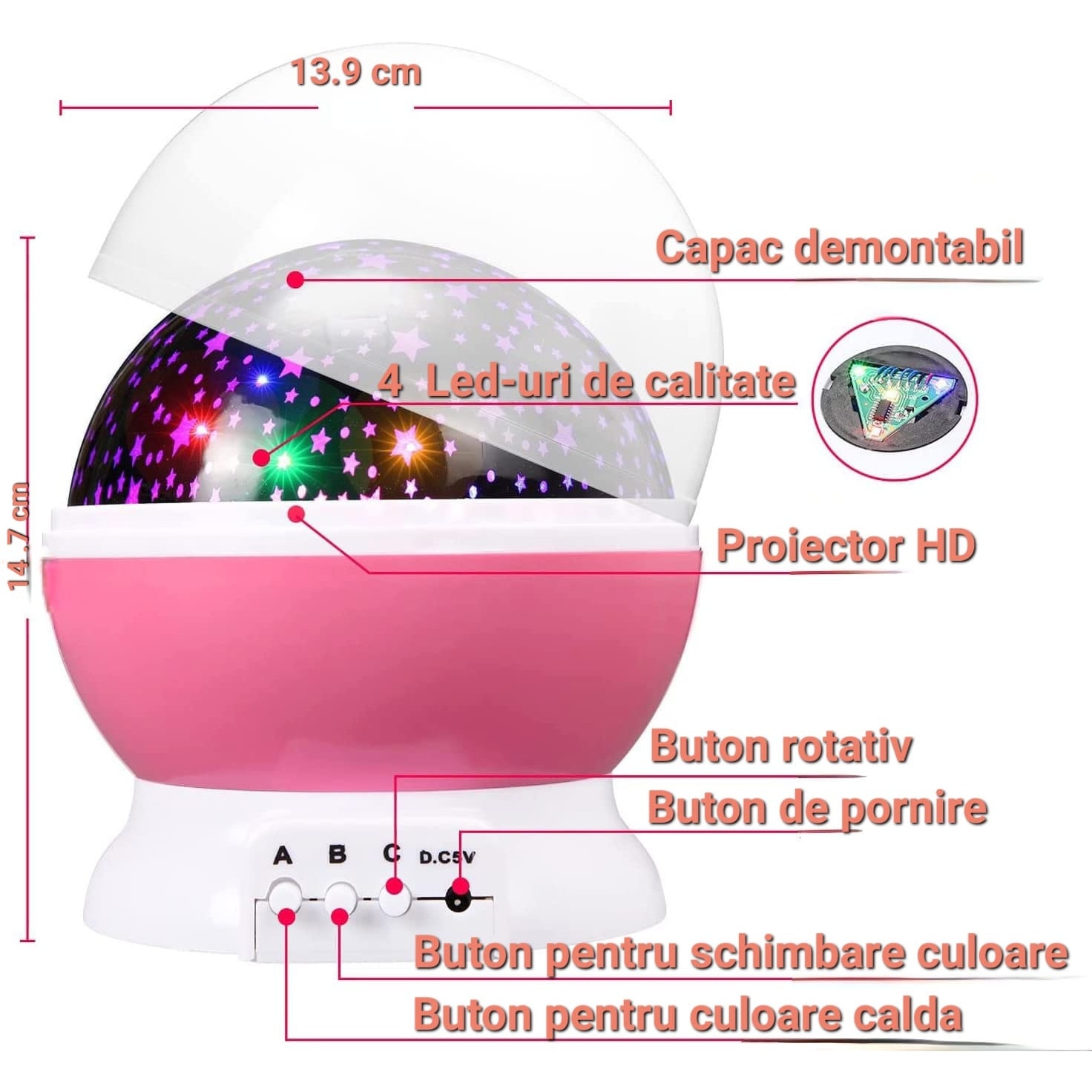 Proiector pentru camera copiilor Led, DIGIMAT, rotativ cu afisaj ...