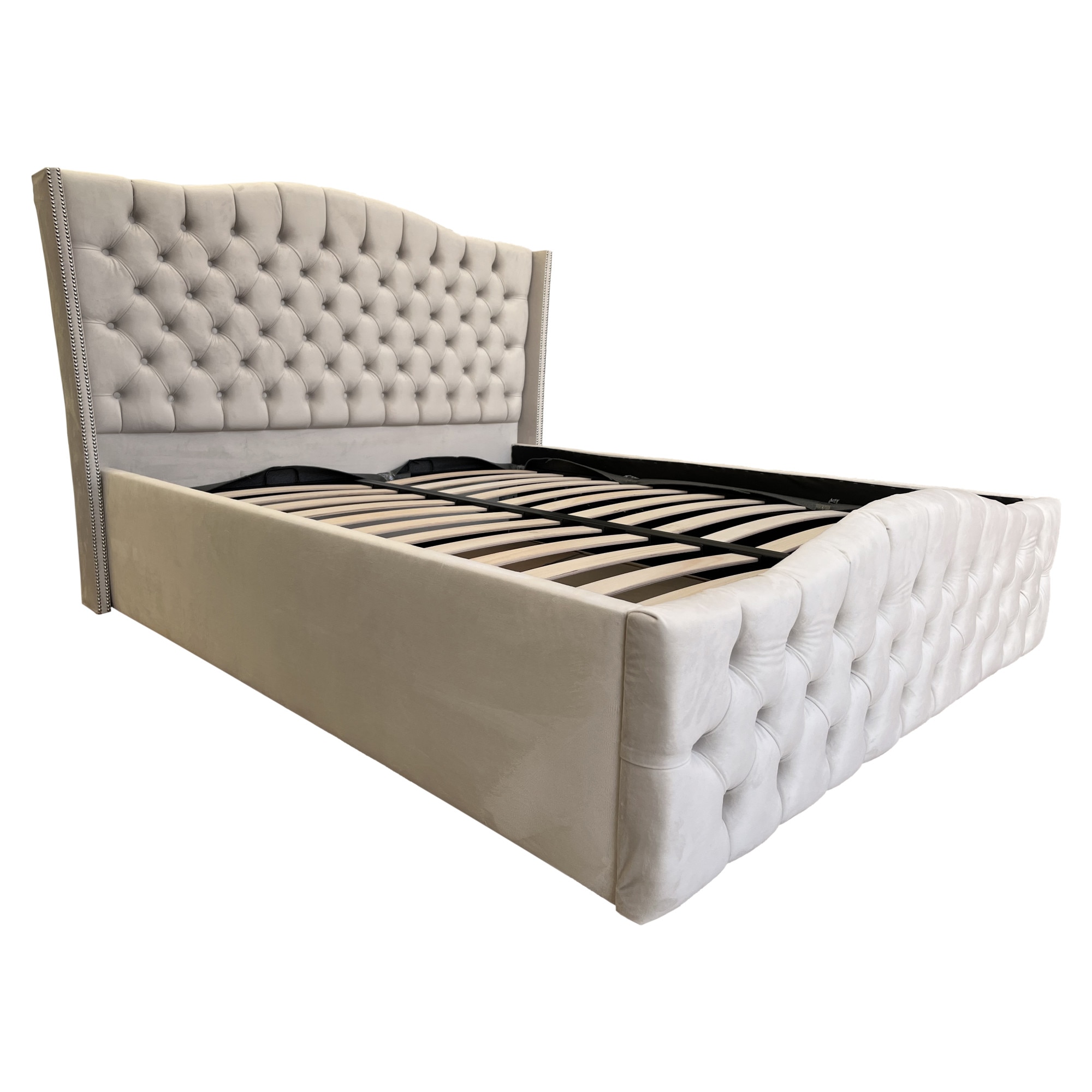 Pat tapitat Herman, cu spatiu de depozitare si somiera rabatabila, alb ...