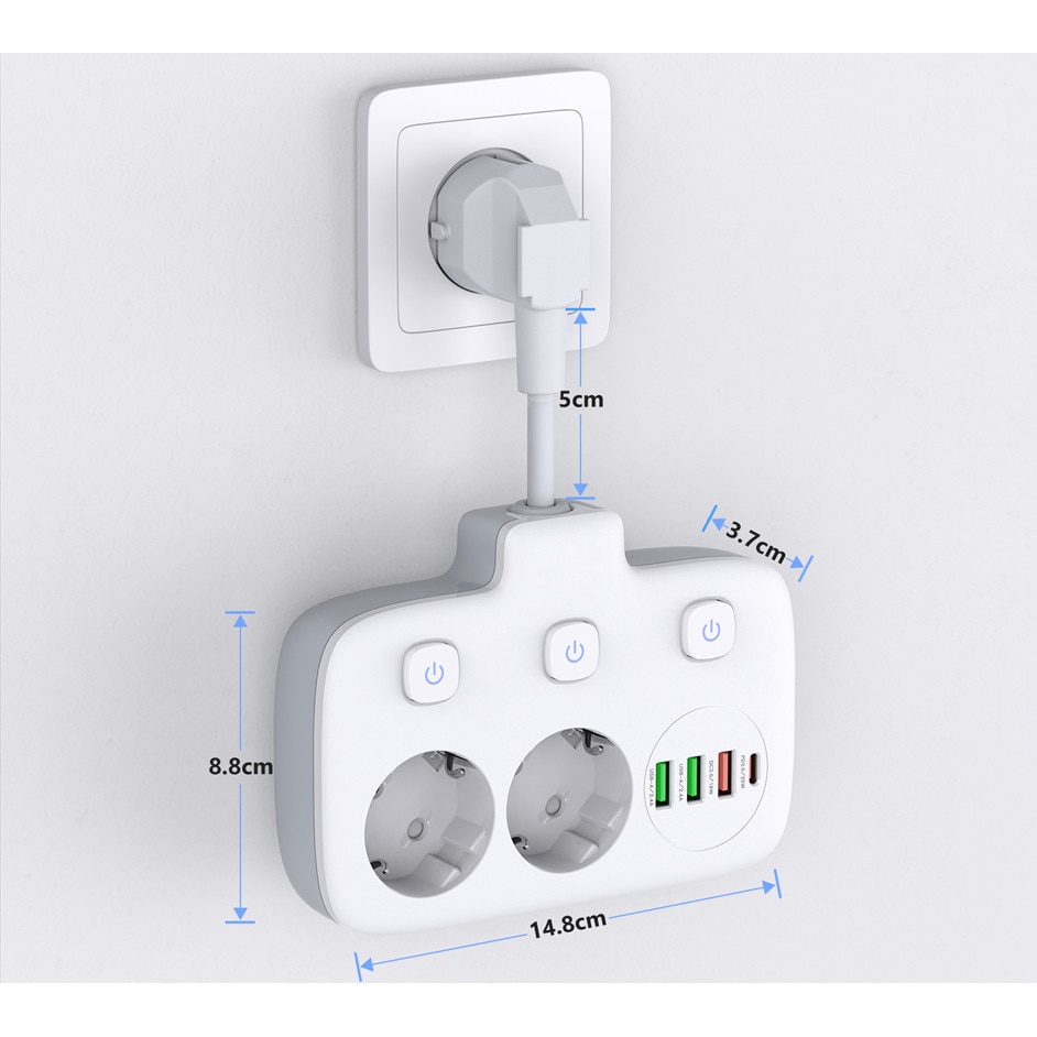 Prelungitor Smart cu 3 x USB si 1 x PD 20W, 2 Prize Schuko 220V 2500W ...