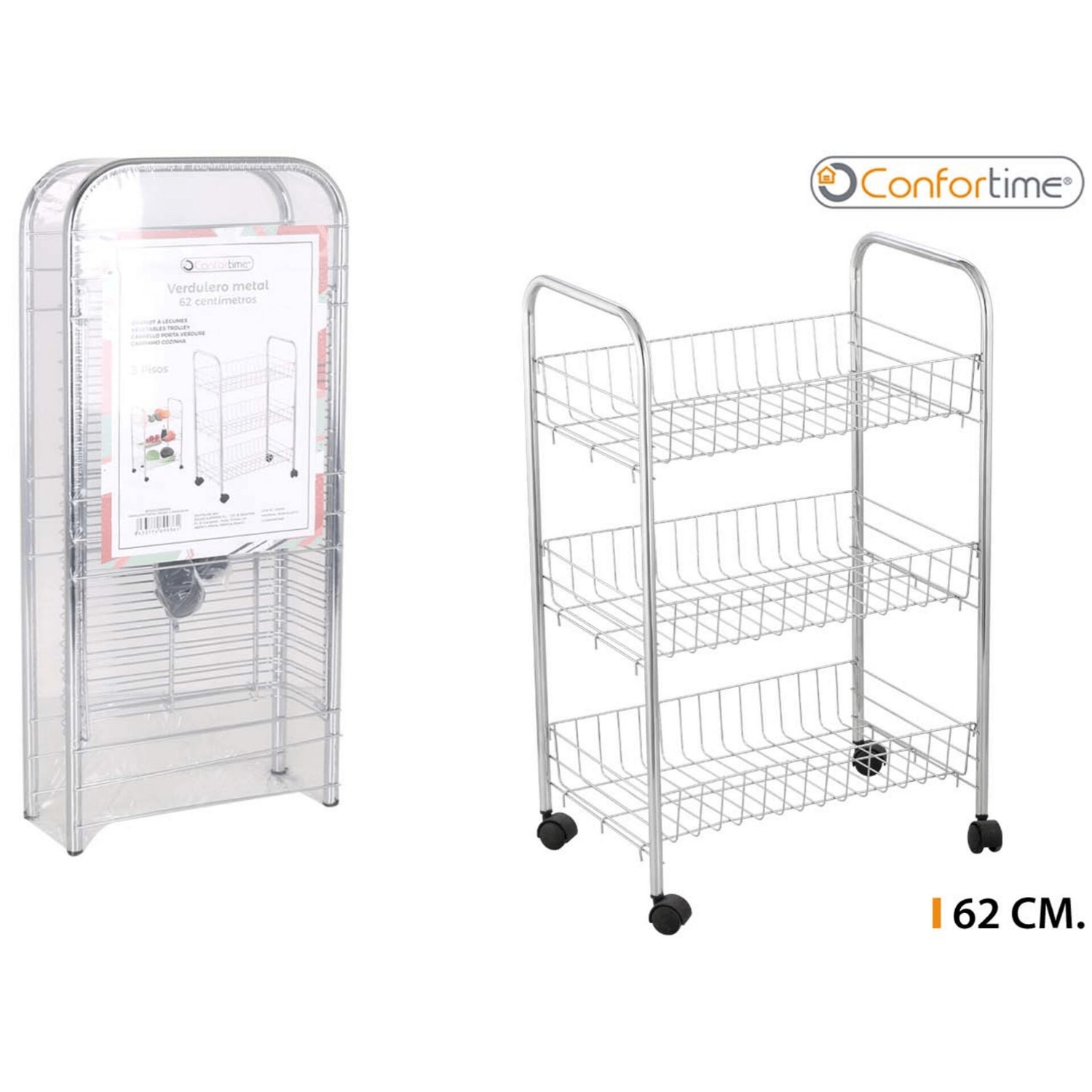 Etajera metalica, cromata, cu roti si 3 rafturi, 62x40x26 cm - eMAG.ro
