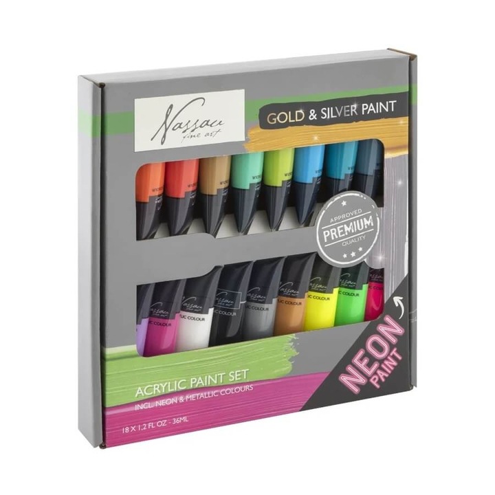 Set culori acrilice neon si metalice Nassau Fine Art 18 culorix36ml ...