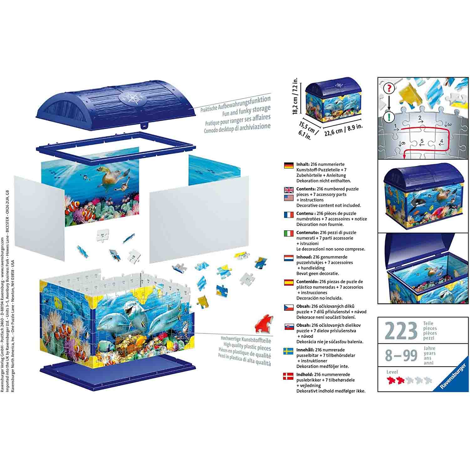 Пъзел 3D Ravensburger - Сандък със съкровища, с животни, 216 части ...