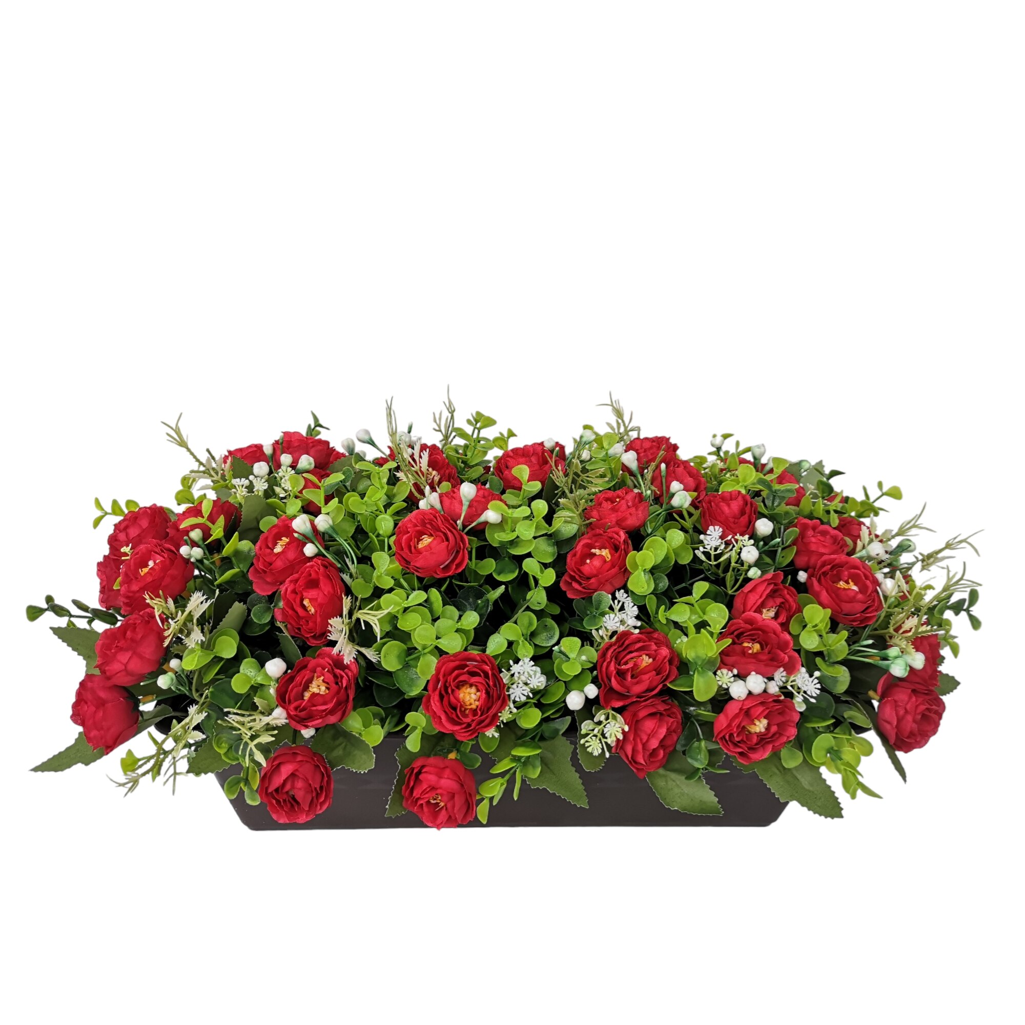 Jardiniera cu flori rosii artificiale si verdeata decorativa ...