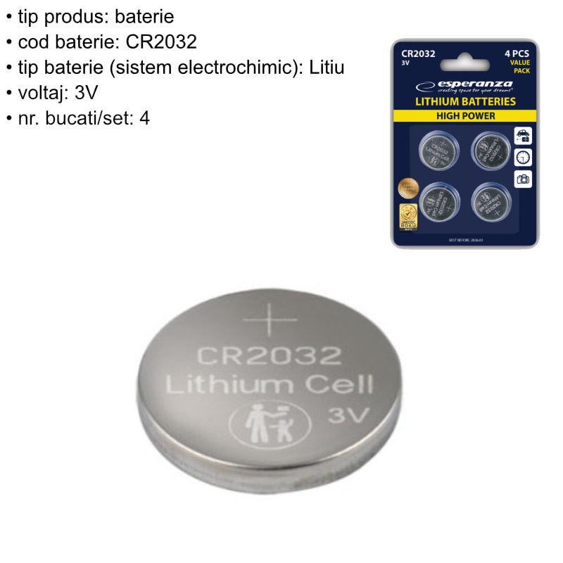 Set 4 baterii Litiu 3V CR2032, Esperanza 95805, tip moneda, in blister ...
