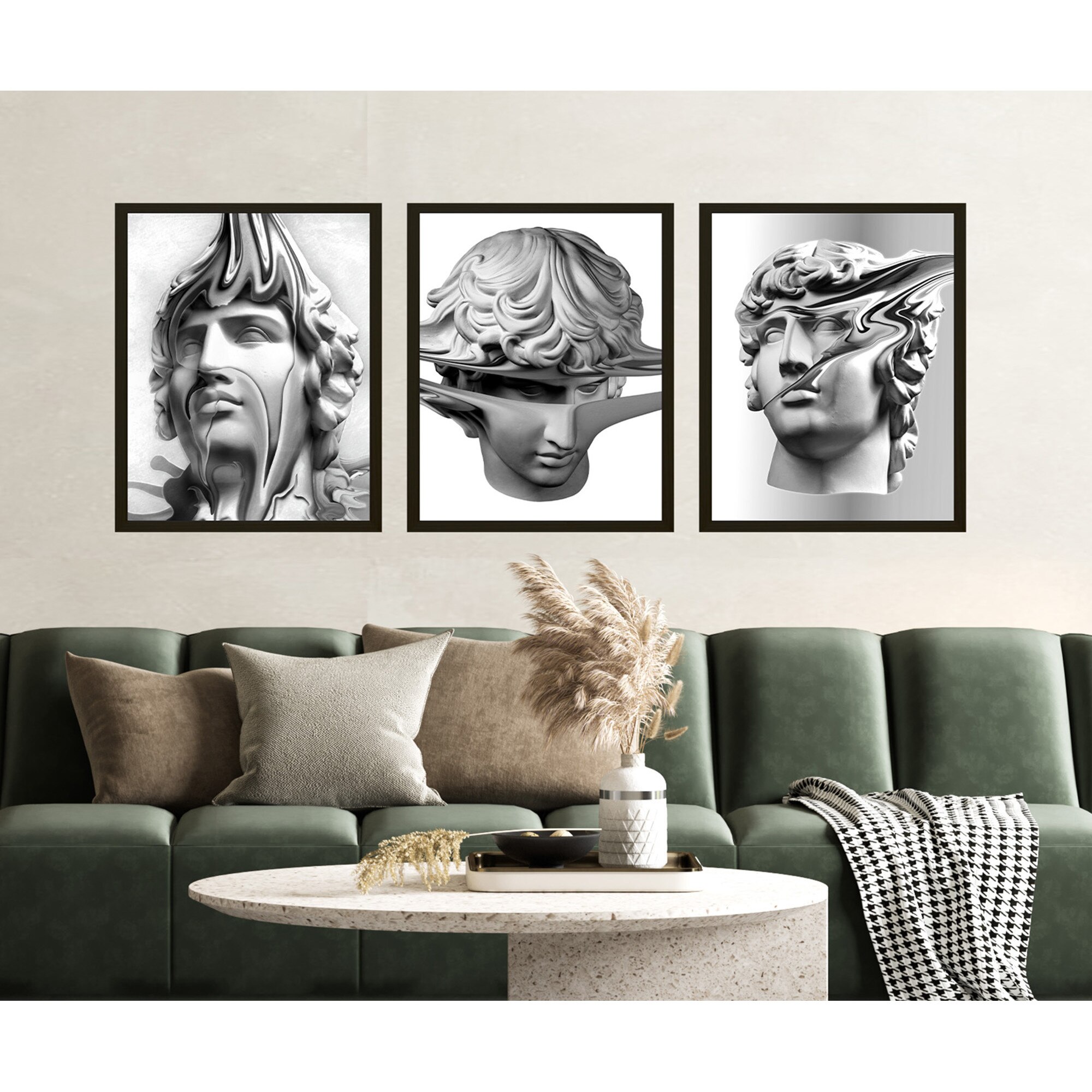 Set 3 tablouri cu rama lemn, Bust modern, 90x40cm, Alb negru - eMAG.ro