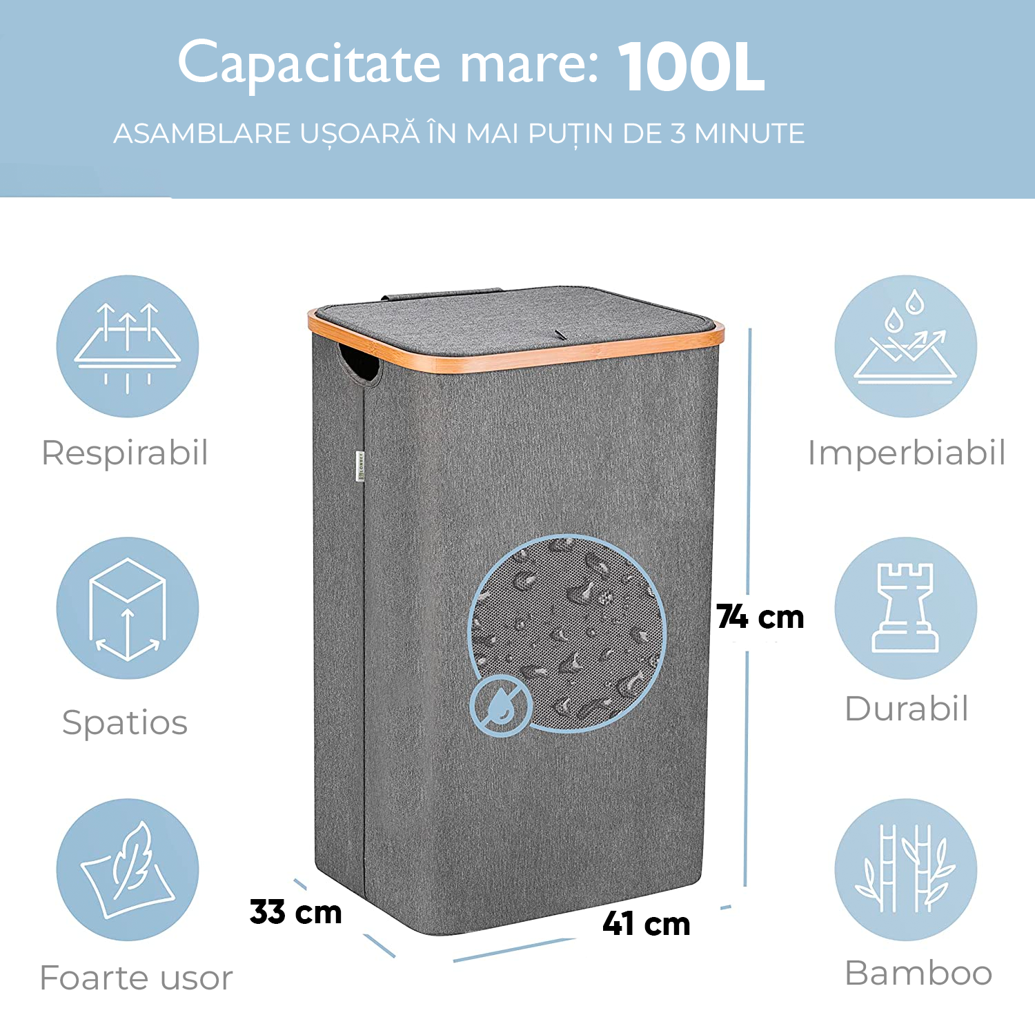 Cos de rufe bambus, pliabil, cu capac si sac de rufe detasabil, 100 L ...