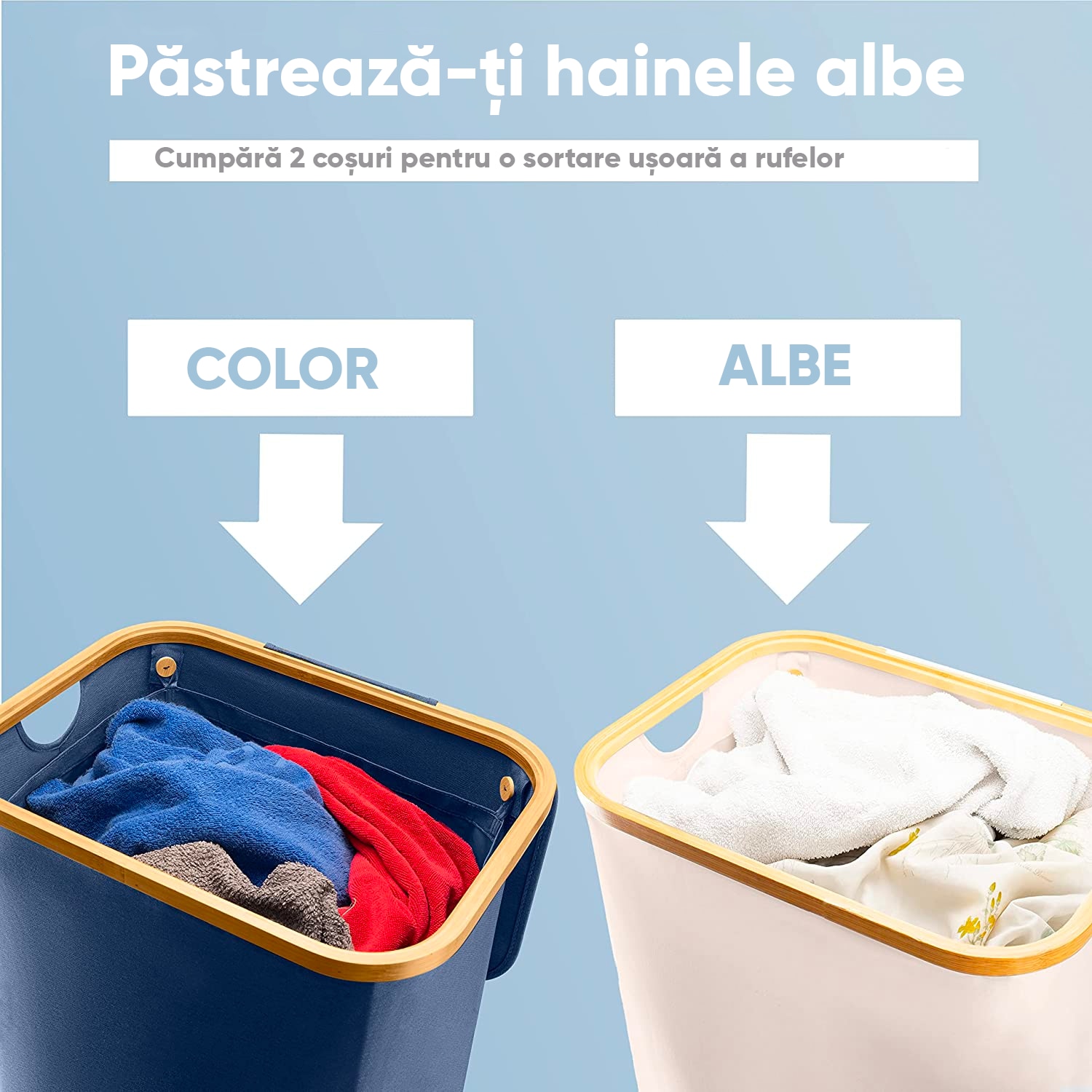 Cos de rufe bambus, pliabil, cu capac si sac de rufe detasabil, 100 L ...