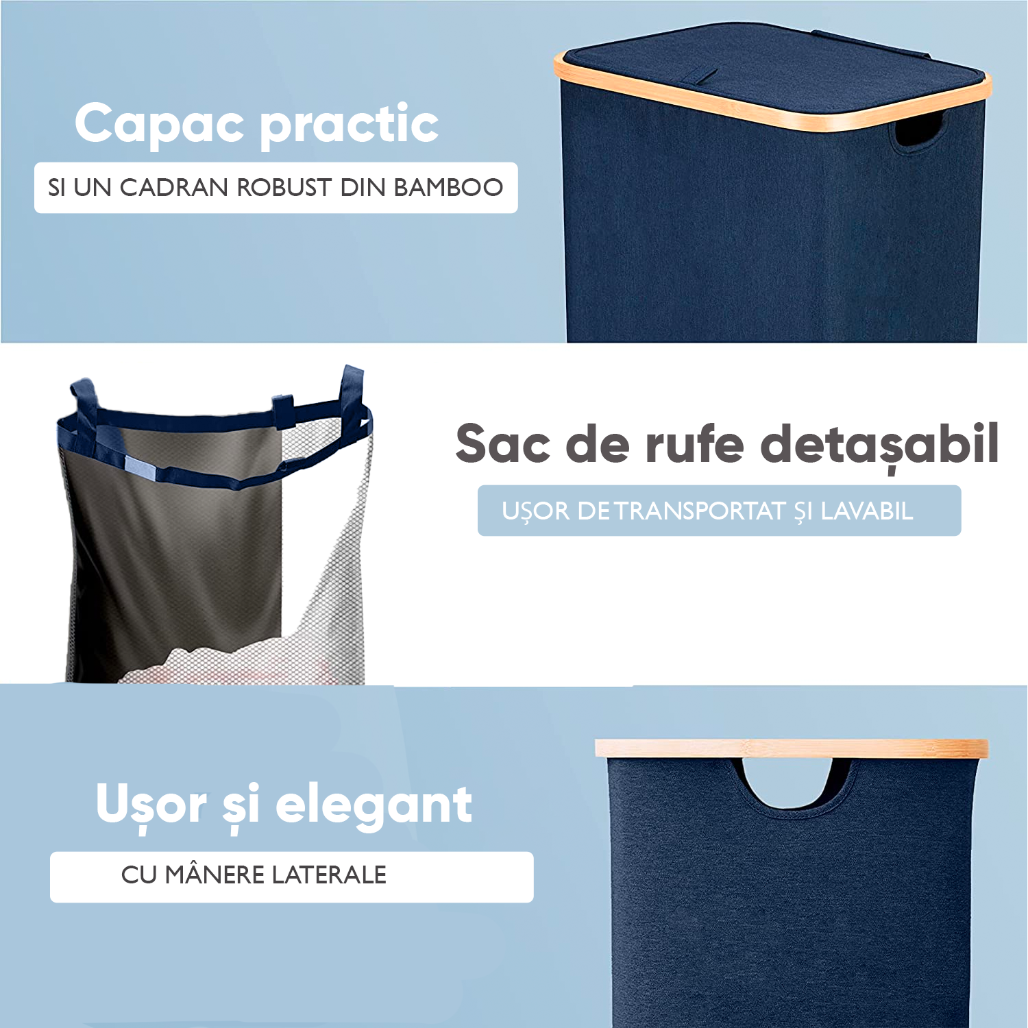 Cos de rufe bambus, pliabil, cu capac si sac de rufe detasabil, 100 L ...