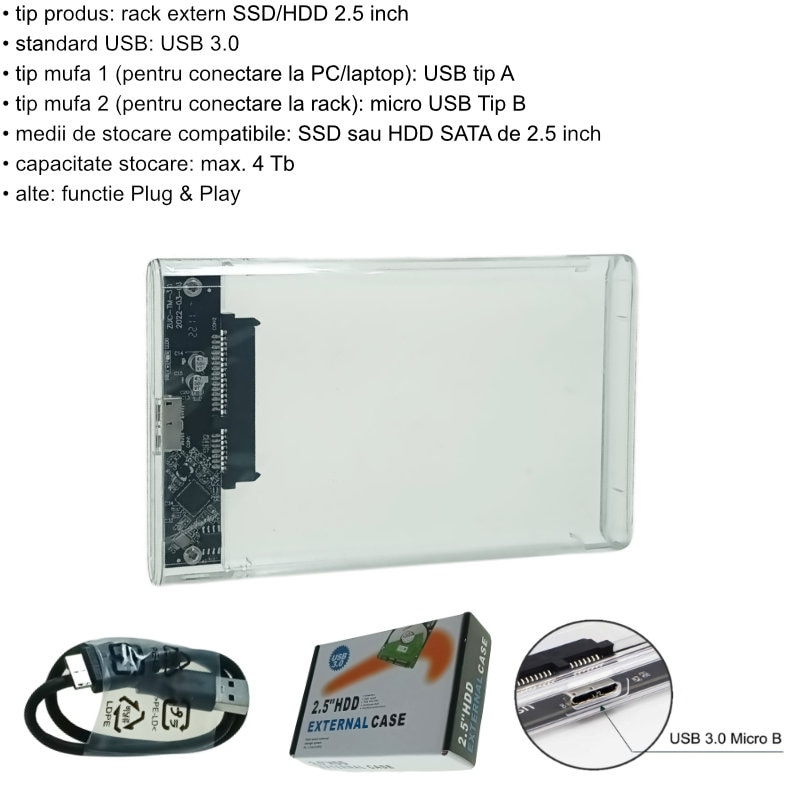Rack extern pentru HDD/SSD 2.5 inch, USB 3.0, SATA, capacitate pana la ...