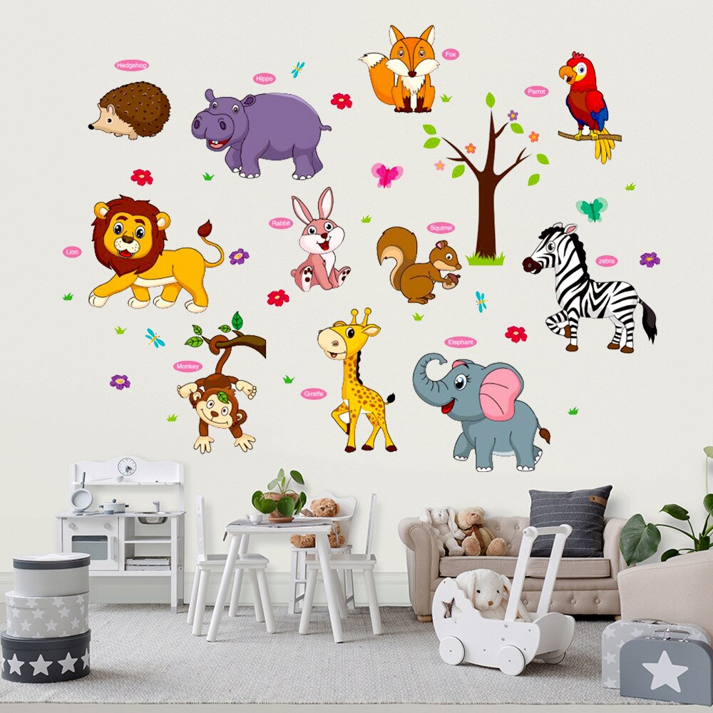 Sticker Autocolant Perete Copii cu Animale, Leu, Elefant, Zebra, Girafa ...