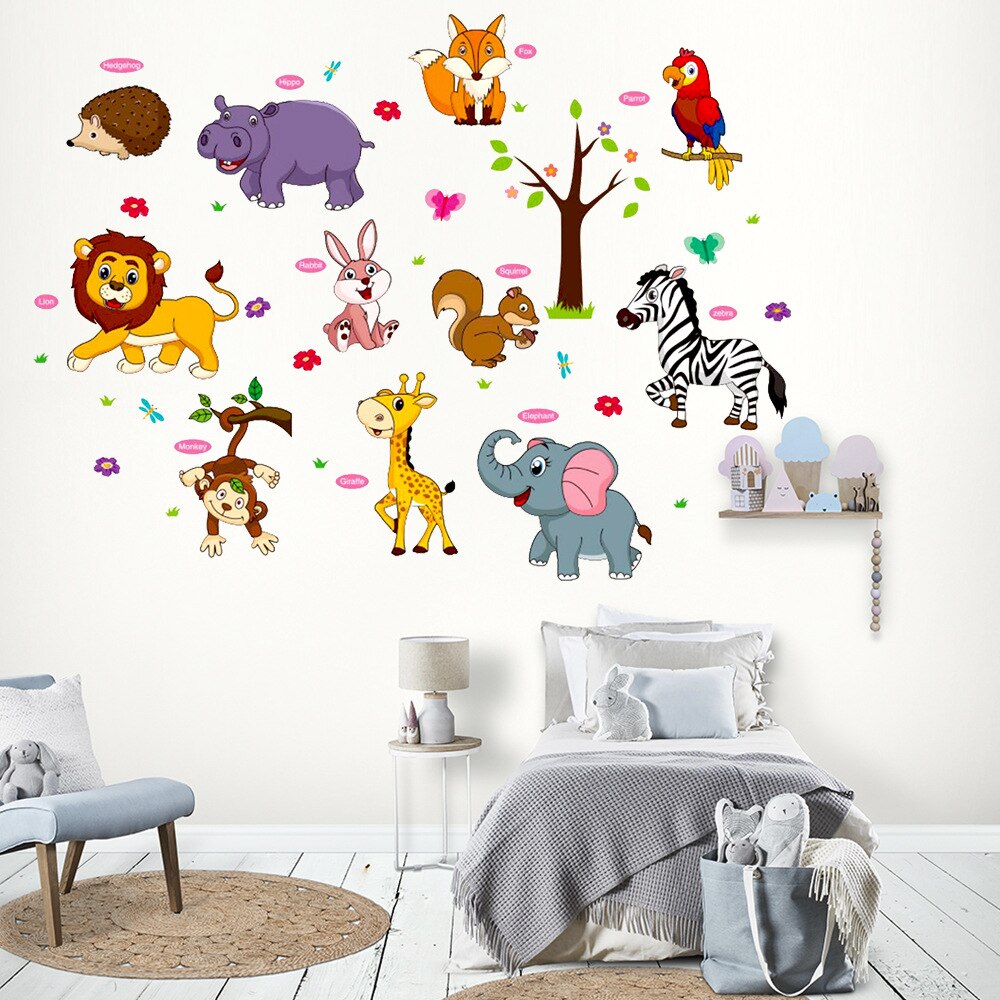 Sticker Autocolant Perete Copii cu Animale, Leu, Elefant, Zebra, Girafa ...