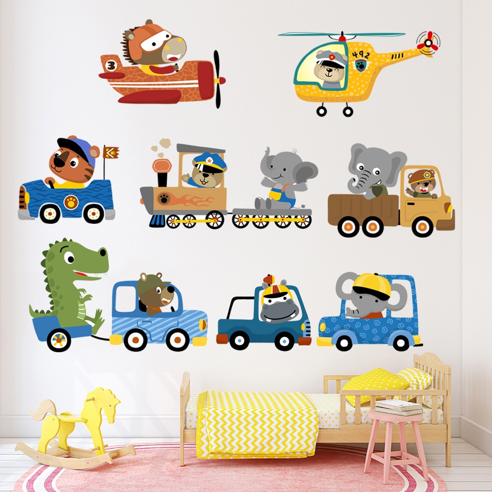Sticker Autocolant Perete Copii, Animale in Masinute, Tren, Avion si ...
