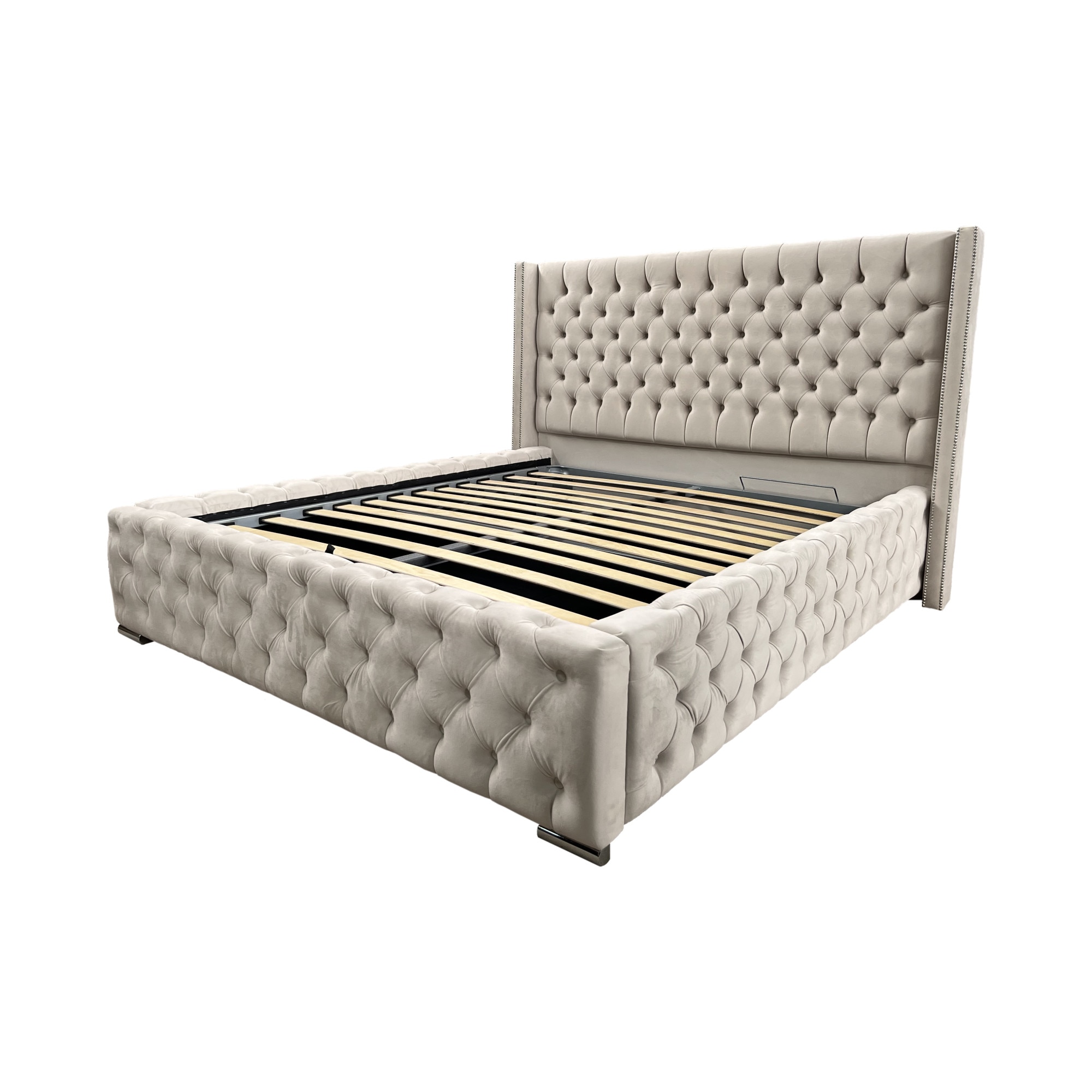 Pat tapitat Pierre Luxury, cu lada de depozitare si somiera rabatabila ...
