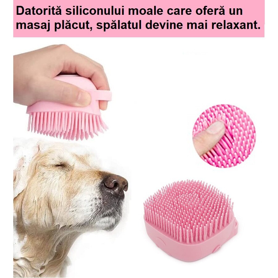 Perie de baie din silicon pentru caini si pisici, cu recipient pentru ...