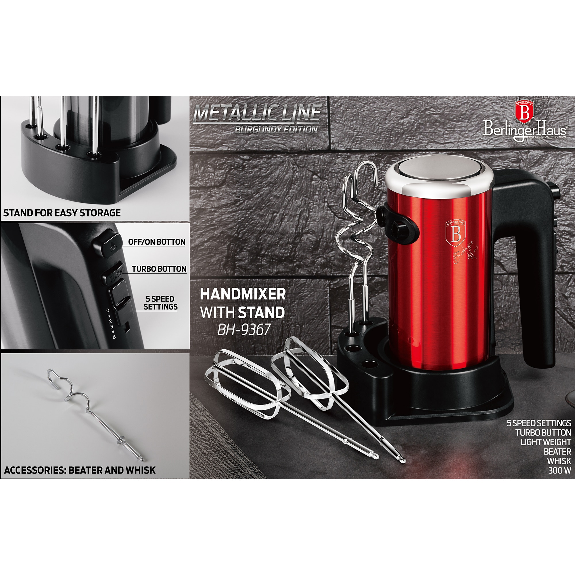 Berlinger Haus BH/9367 Kézi mixer állvánnyal, 5 sebesség, Turbó fokozat ...