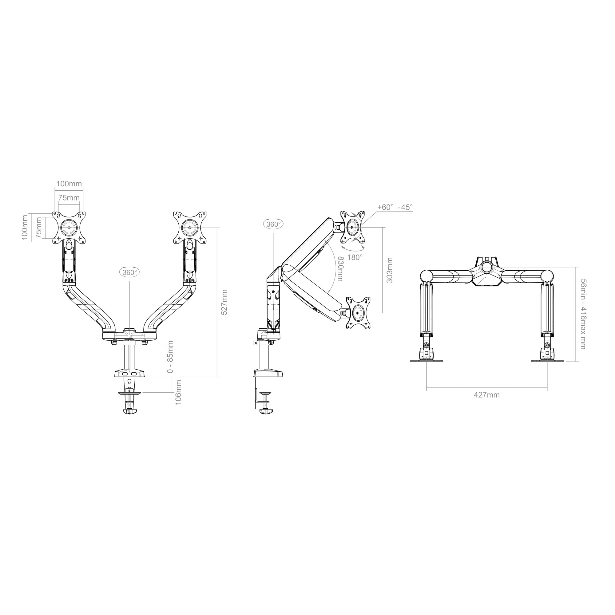 Suport birou 2 monitoare, 9 kg pe brat, 2 porturi USB 3.0 incorporate ...