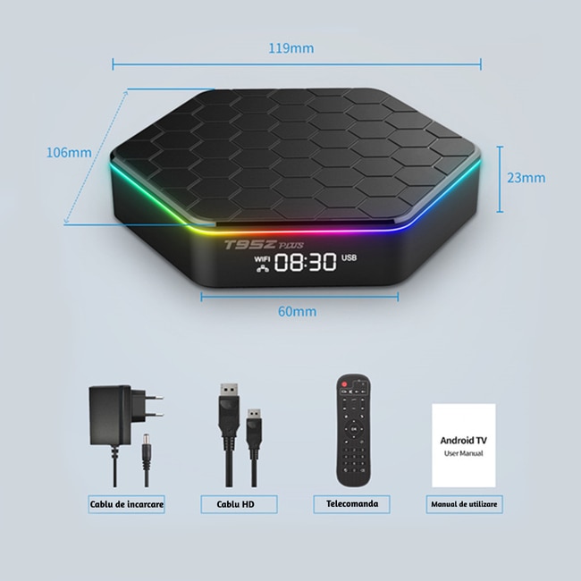 Mini PC, TV box, Andorid 12.0, memorie de 16GB si 2 GB RAM, cu lumini ...