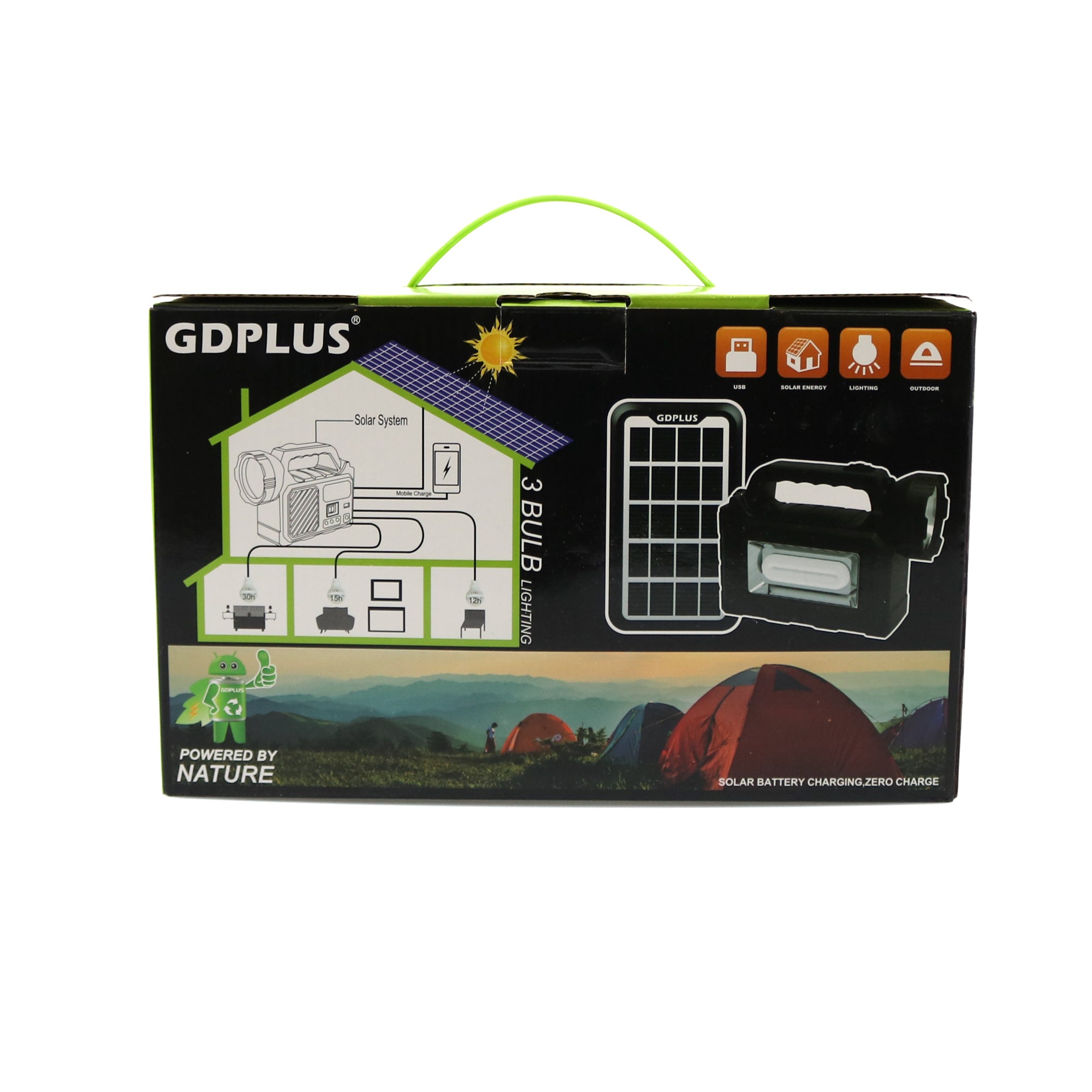 Sistem de iluminat solar GDPLUS, 3 becuri, lanterna, 24W, USB, GDP30 ...