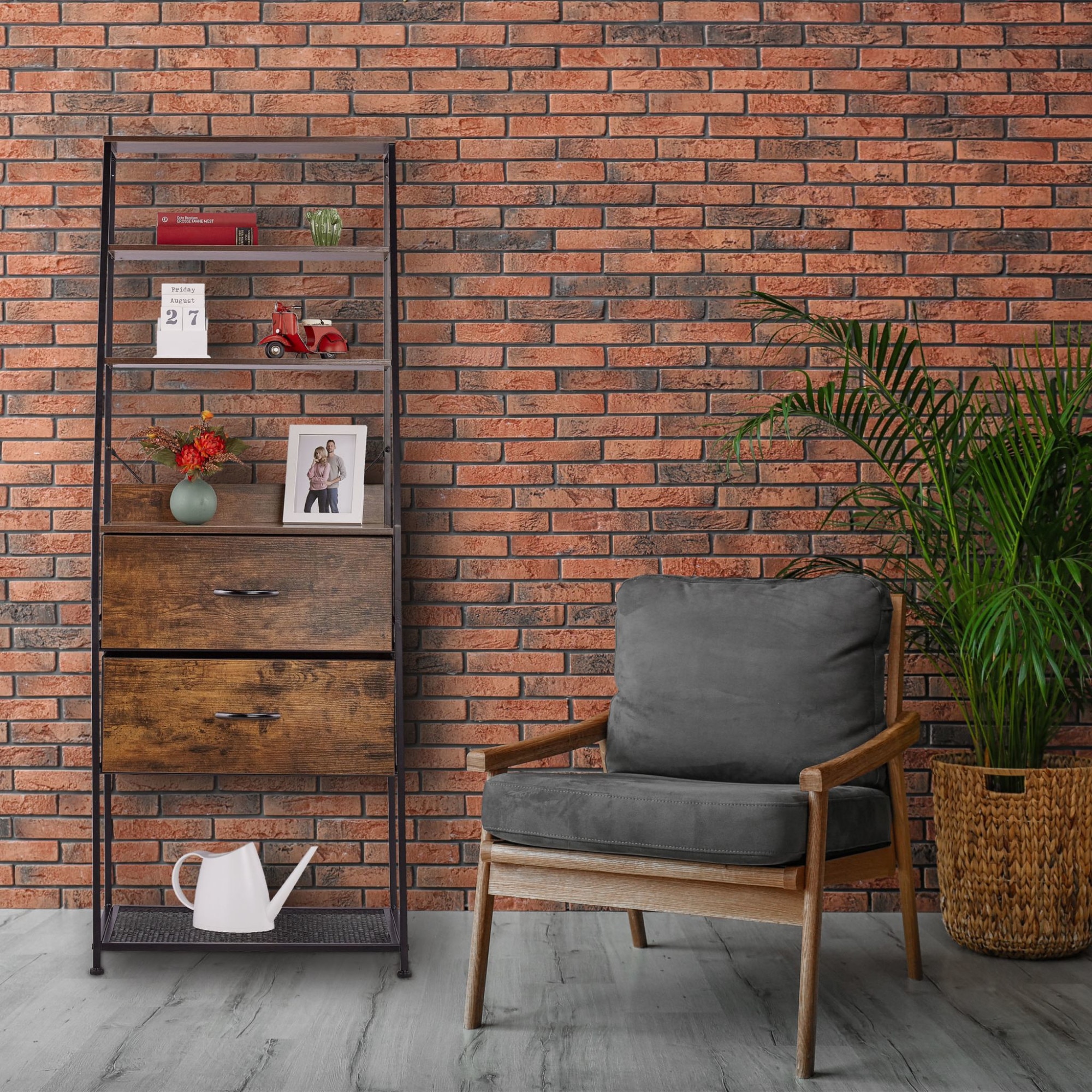 Biblioteca, MDF/lemn, 3 rafturi/2 sertare, 164 x 60 x 41,5 cm, Maro ...