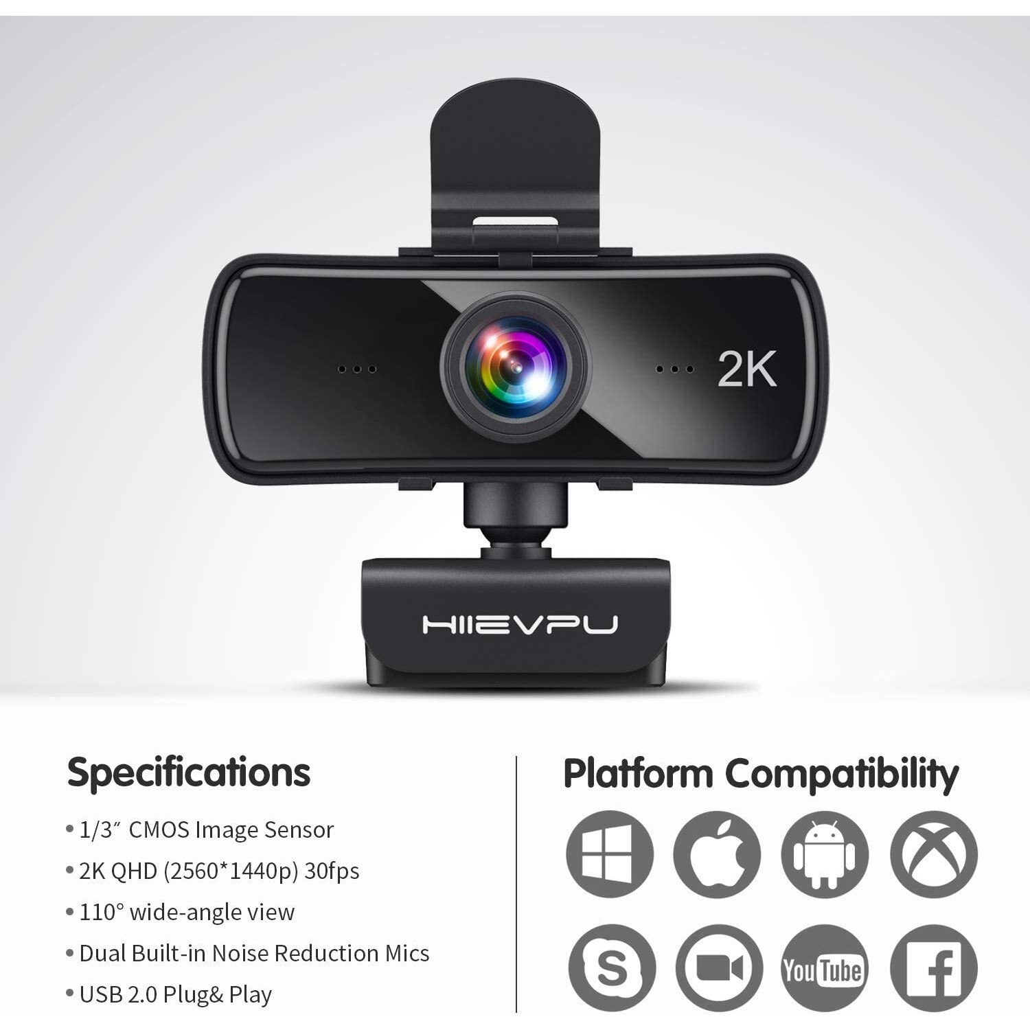 Camera web Full HD 2k Hiievpu, cu microfon incorporat, Auto-Focus ...