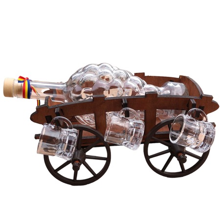 Set 6 pahare cu sticla cu suport lemn, in forma de caruta, maro, lemn ...