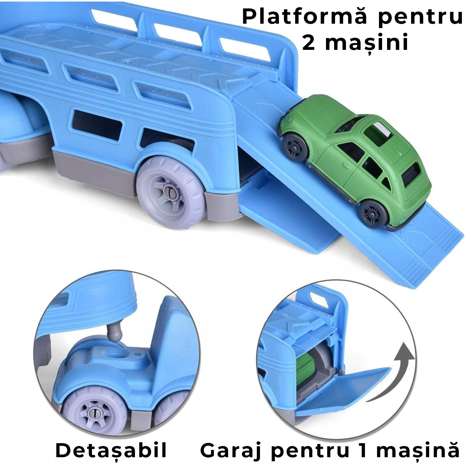 Set camion trailer de jucarie pentru transport de masinute, cu 3 masini ...