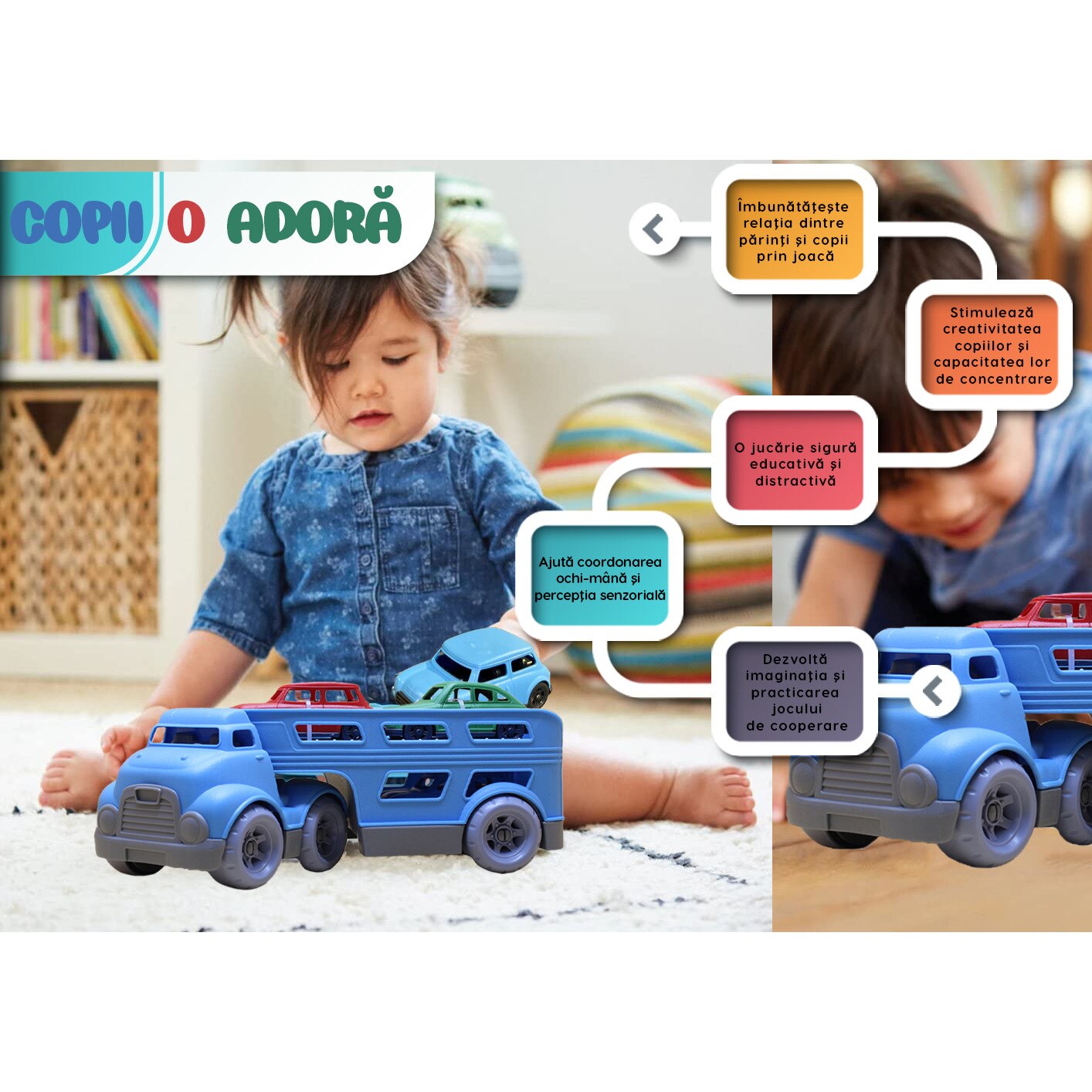 Set camion trailer de jucarie pentru transport de masinute, cu 3 masini ...