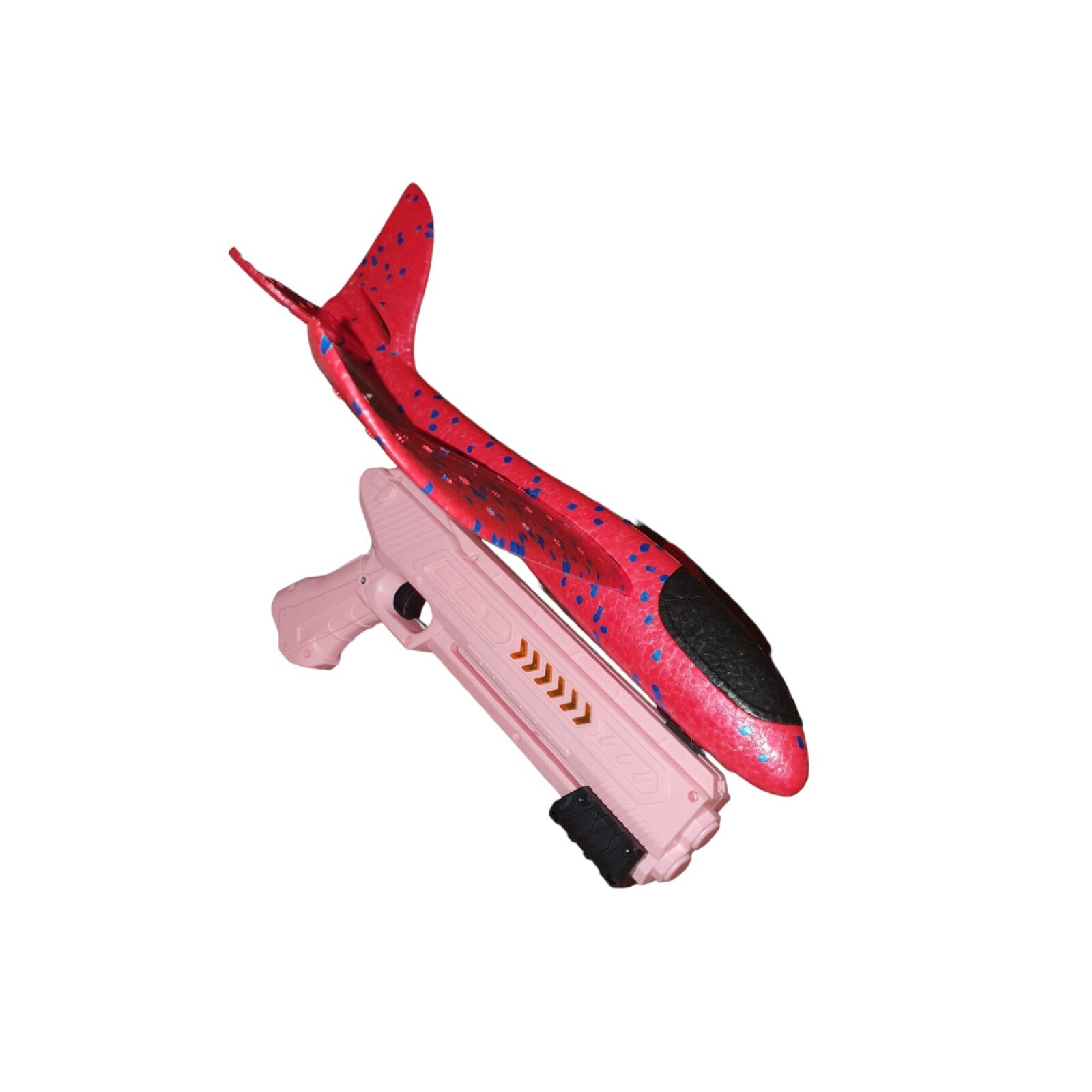 Avion planor din polistiren, 37 cm, rosu, cu pistol roz de lansare ...