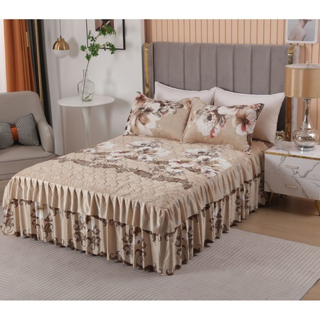 Set Cuvertura de Catifea cu Volanase, 3 Piese, pentru Pat Dublu, 2 Fete de Perna, 240 x 260 cm ...