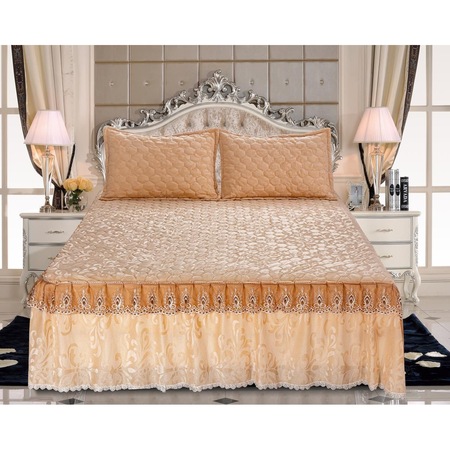 Set Cuvertura de Catifea de Lux, 3 Piese, pentru Pat Dublu, 2 Fete de Perna, 240 x 260cm, Crem ...