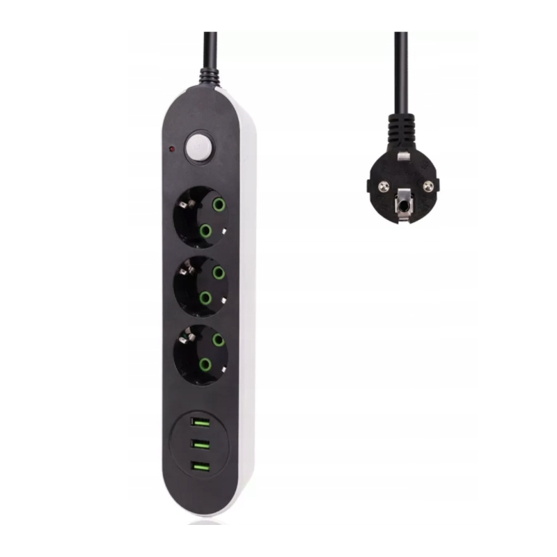Prelungitor 2500W cu 3 prize si 3 porturi USB, Gonga® Negru - eMAG.ro