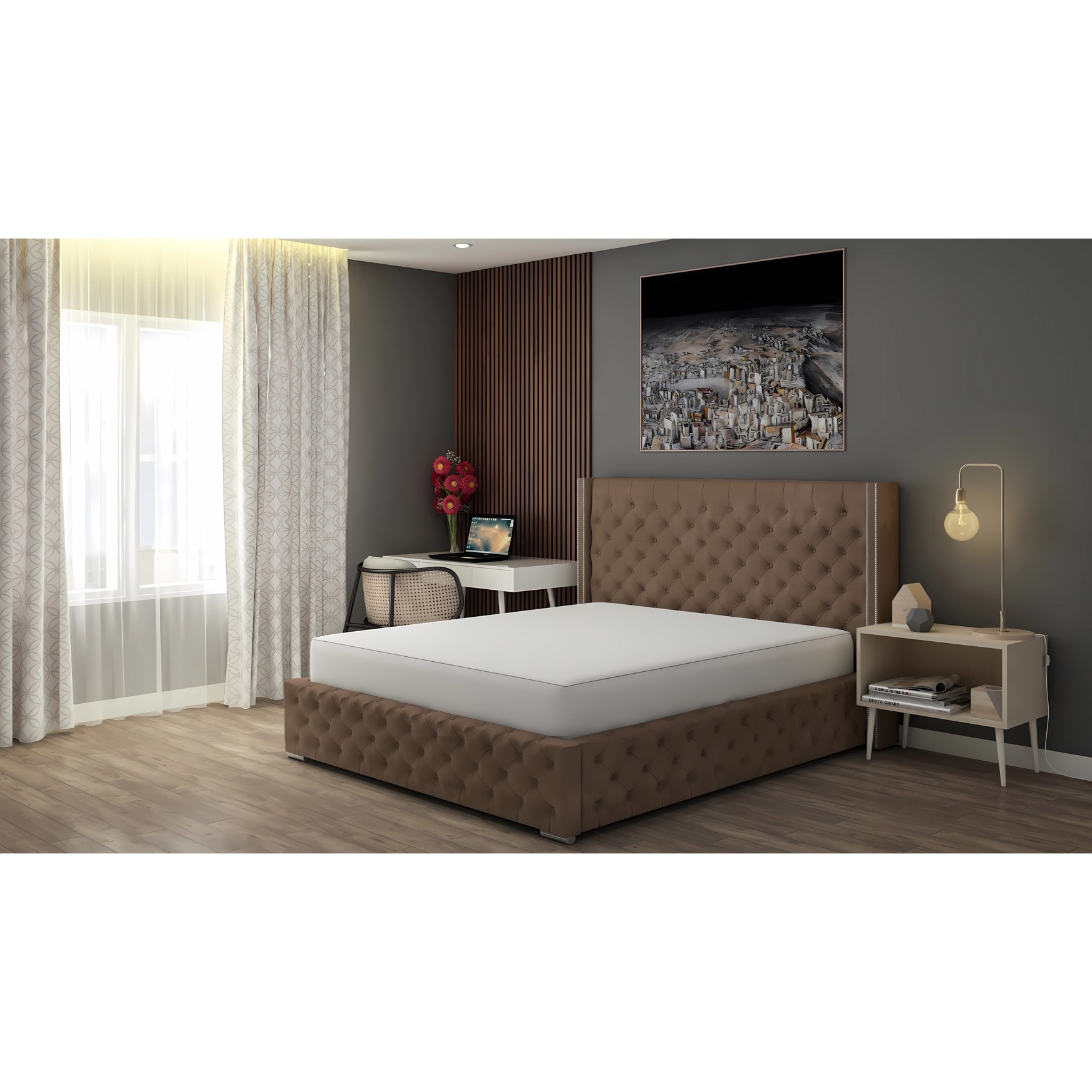 Pat tapitat Pierre Luxury, cu lada de depozitare si somiera rabatabila ...